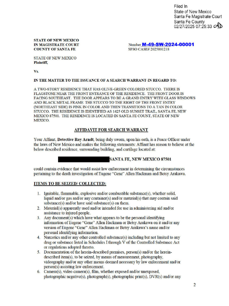 Gene Hackman Search Warrant Affidavit - Redacted | PDF | Affidavit | Search Warrant