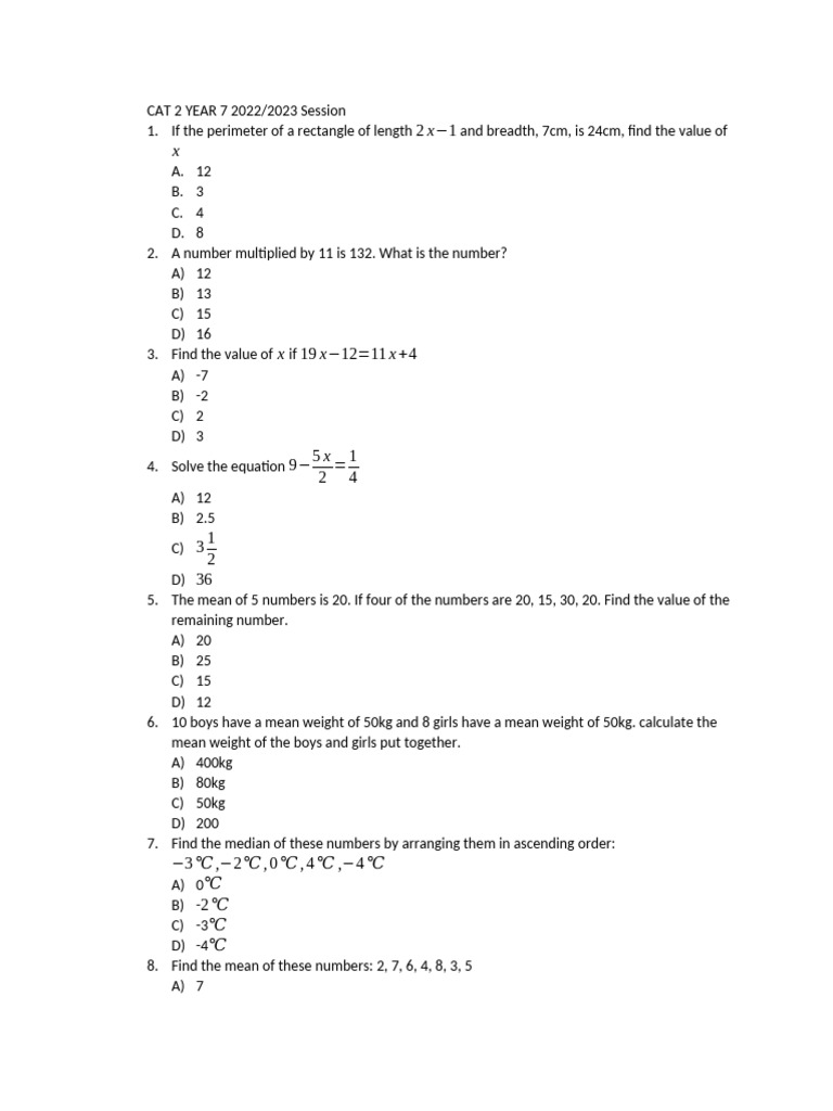 Year 7 CAT Maths Exam Questions | PDF | Mathematics