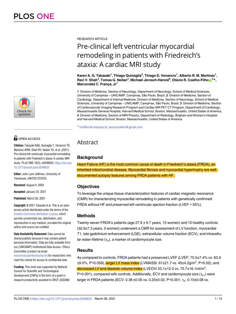 Ataxia de Friedich, Evaluación Preclinica Con CRM (PlusOne, 2021) | PDF | Ejection Fraction ...