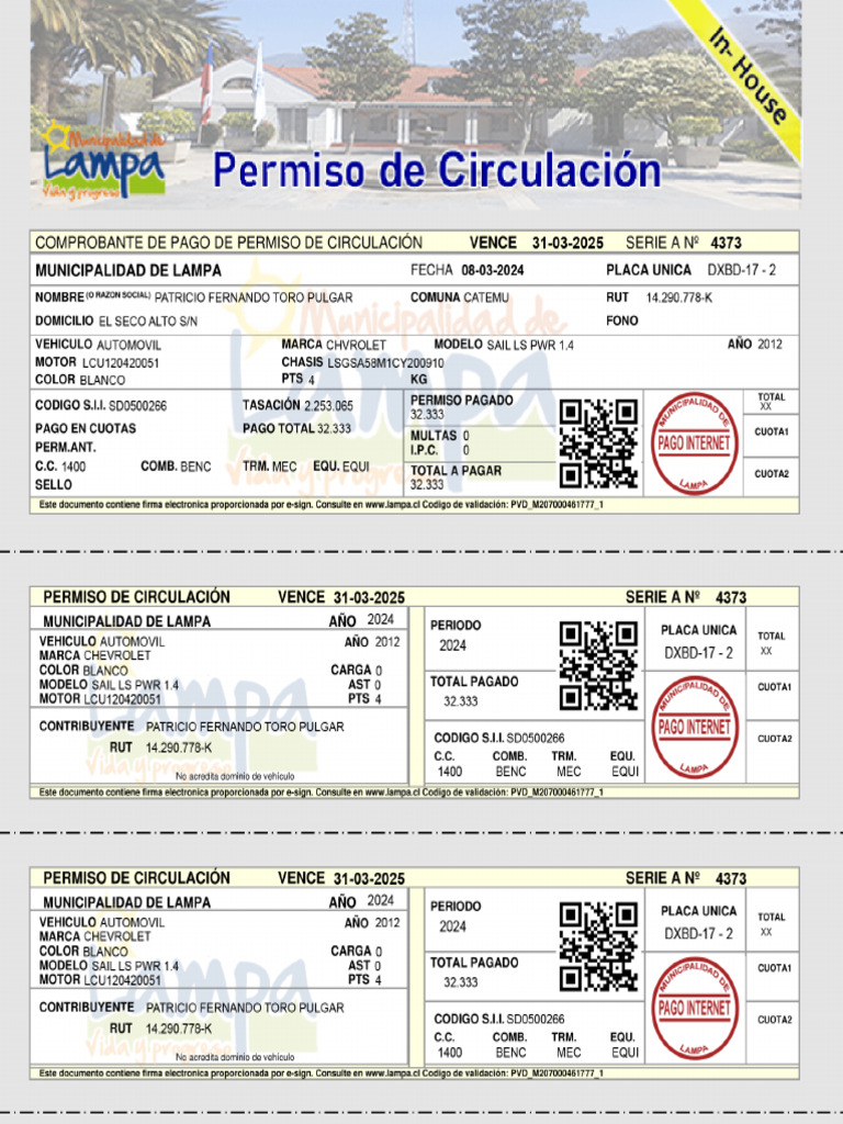 Permiso de Circulación Lampa DXDB172 | PDF