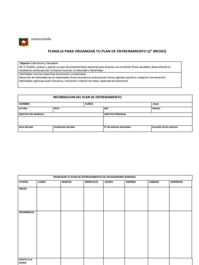 Pauta de Plan de Entrenamiento 2° Medio | PDF