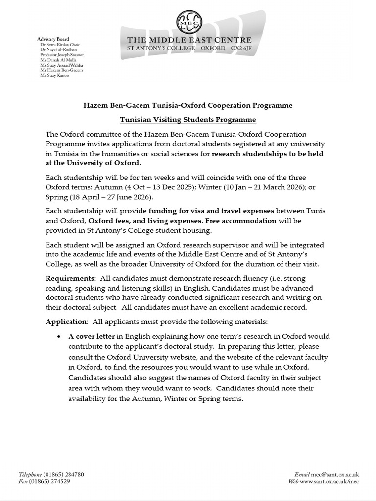 Visiting Studentships Ad 25-26 | PDF | Thesis | Doctorate