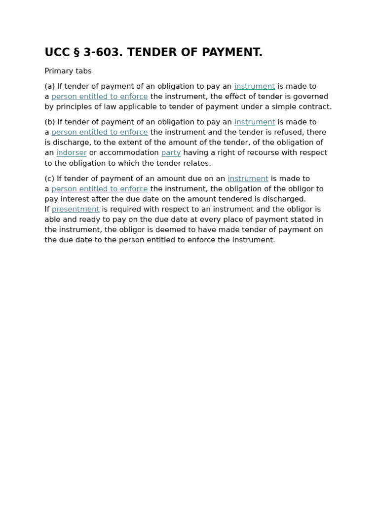UCC 3-603: Tender of Payment Explained | PDF