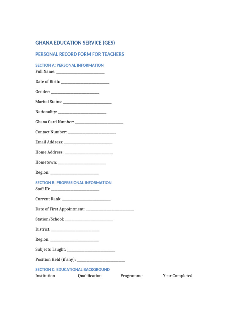 GES Personal Record Form for Teachers | PDF