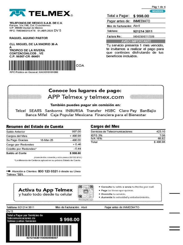 Recibo Telmex | PDF