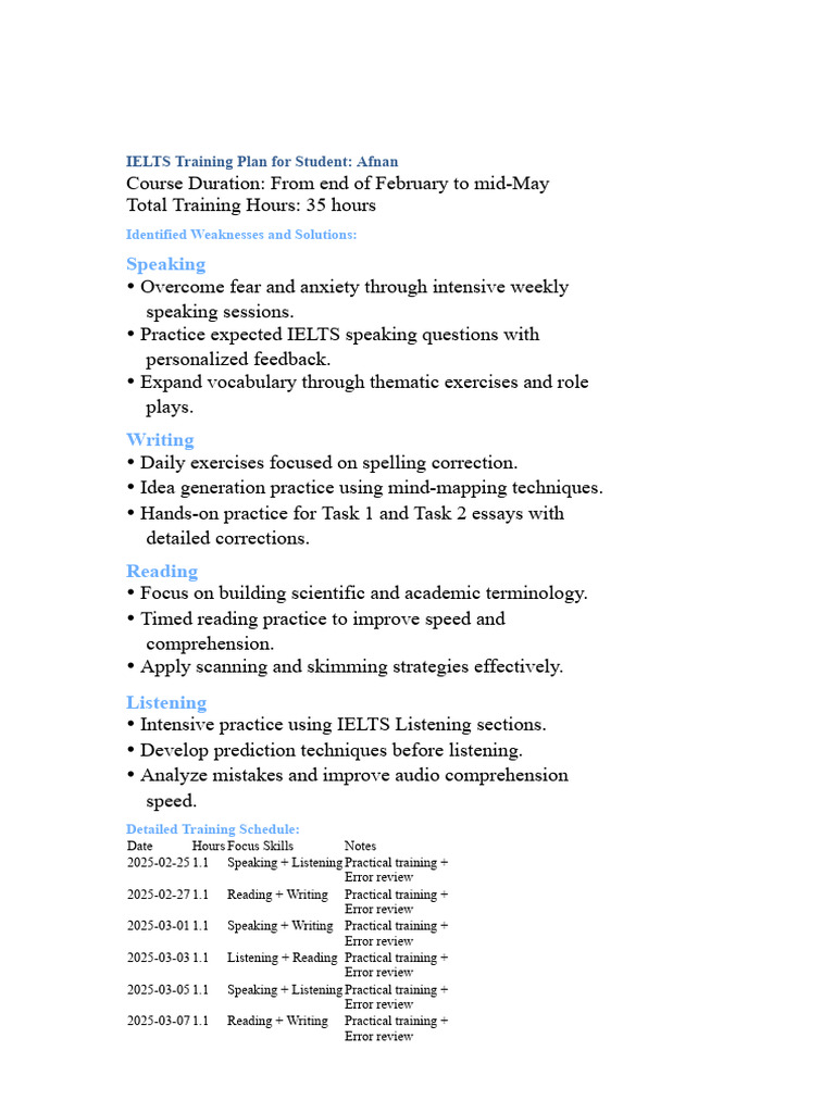 IELTS Training Plan Afnan English | PDF | Reading Comprehension | Applied Linguistics