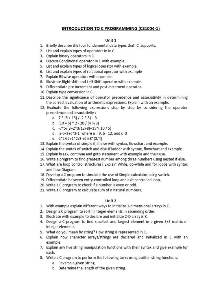 INTRODUCTION_TO_C_PROGRAMMING_ Question Bank_Unit1_to_3_&_Lab_Program_List | PDF | Computer ...