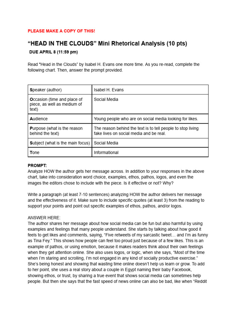 "Head in The Clouds" Mini-Rhetorical Analysis | PDF | Logos | Human ...