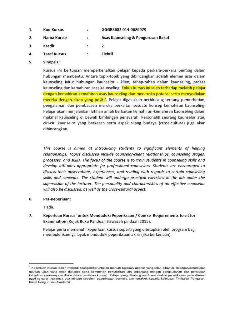 Proforma DPLI 2021 - GGGB5682 Asas Kaunseling & Pengurusan Bakat | PDF