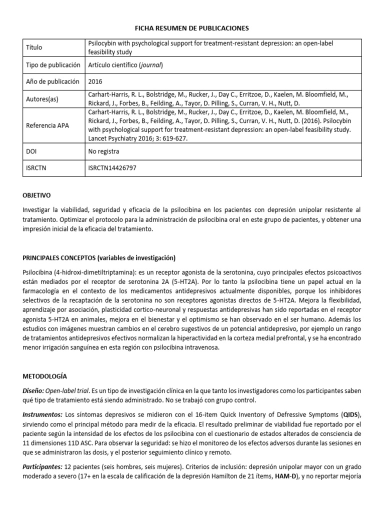 (2016) FICHA. Psilocybin With Psychological Support For Treatment ...