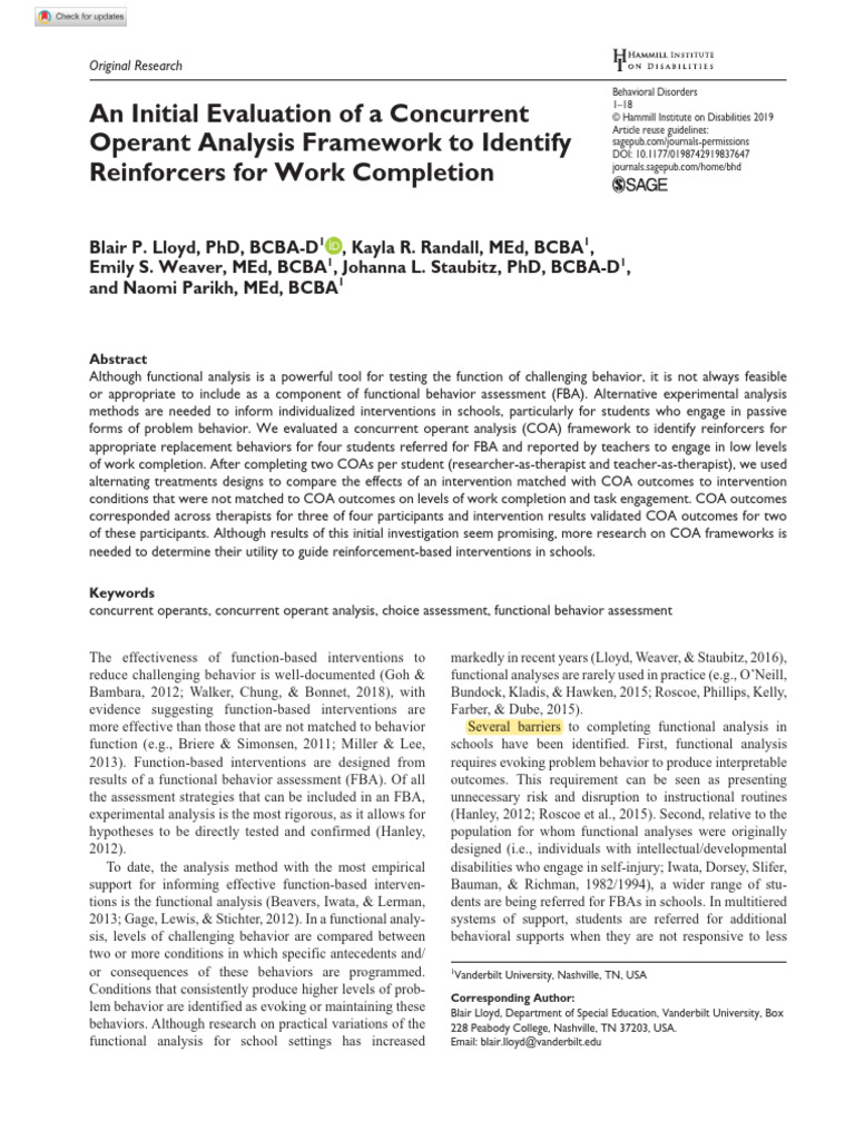 An Initial Evaluation of A Concurrent Operant Analysis Framework To ...