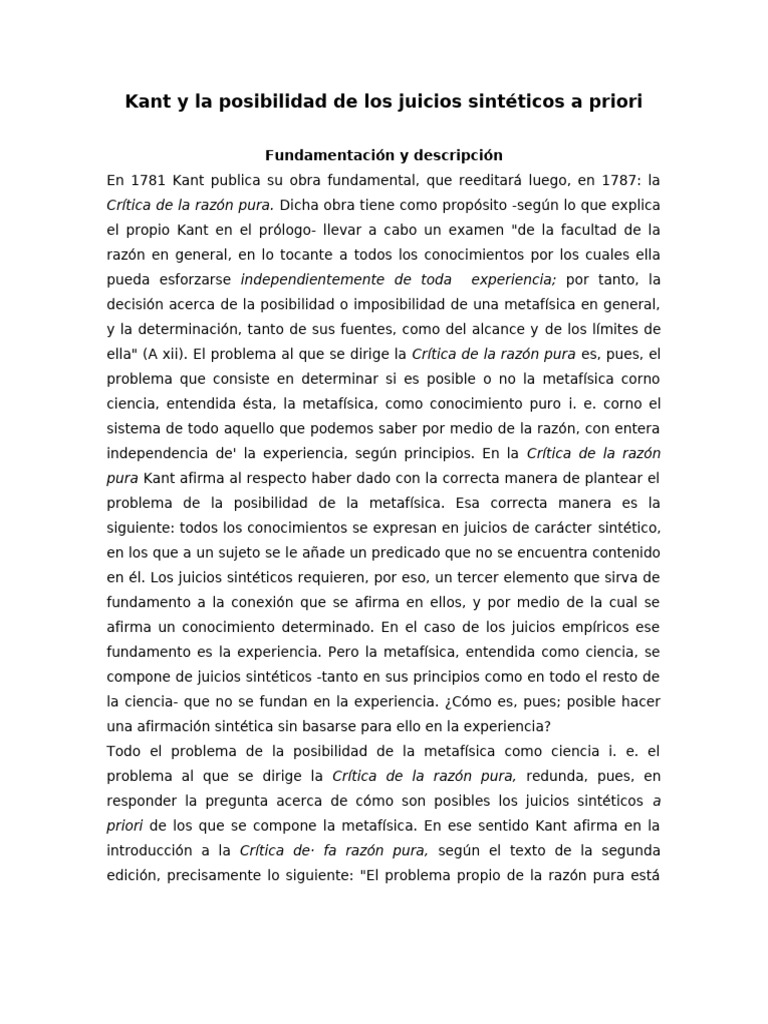 Kant y La Posibilidad de Los Juicios Sintéticos A Priori | PDF ...
