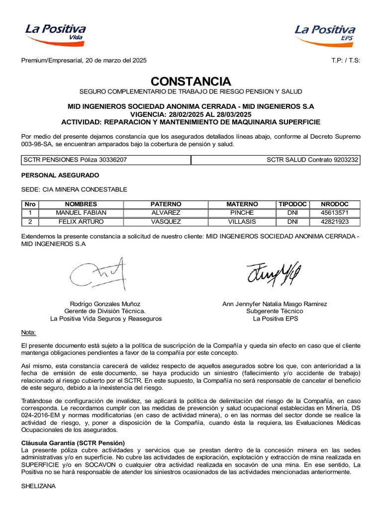 SCTR Constancias | PDF | Póliza de seguros | Reaseguro