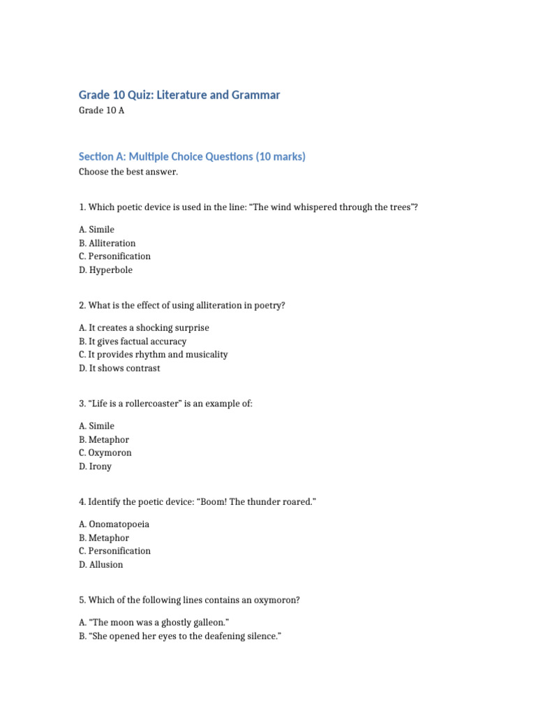 Grade10 Quiz Literature Grammar | PDF