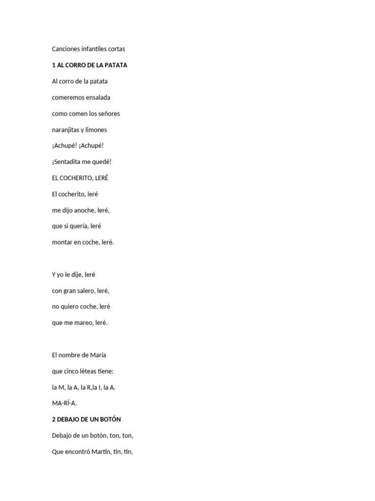 Canciones Infantiles Cortas y Populares | PDF