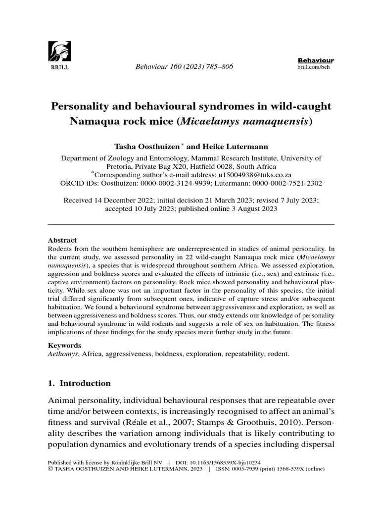 Personality and Behavioural Syndromes in Wild-Caught | PDF | Principal Component Analysis | Rodent