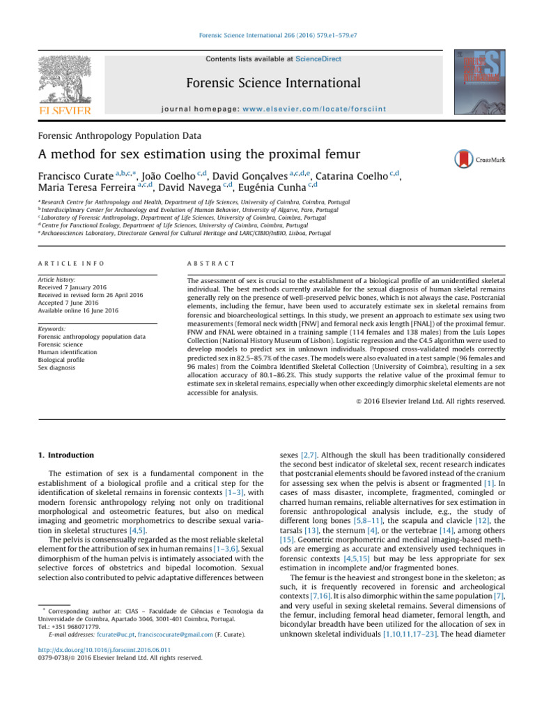 Curate Et Al 2016 A Method For Sex Estimation Femur Pdf Receiver