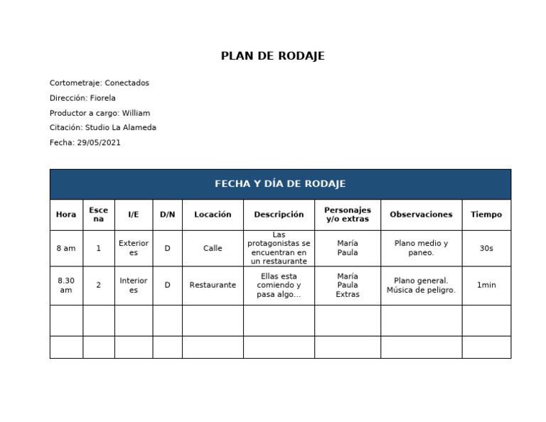Plan de Rodaje para "Conectados" | PDF