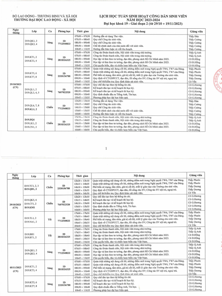Lịch sinh hoạt công dân D19 Giai đoạn 2 SV1 | PDF