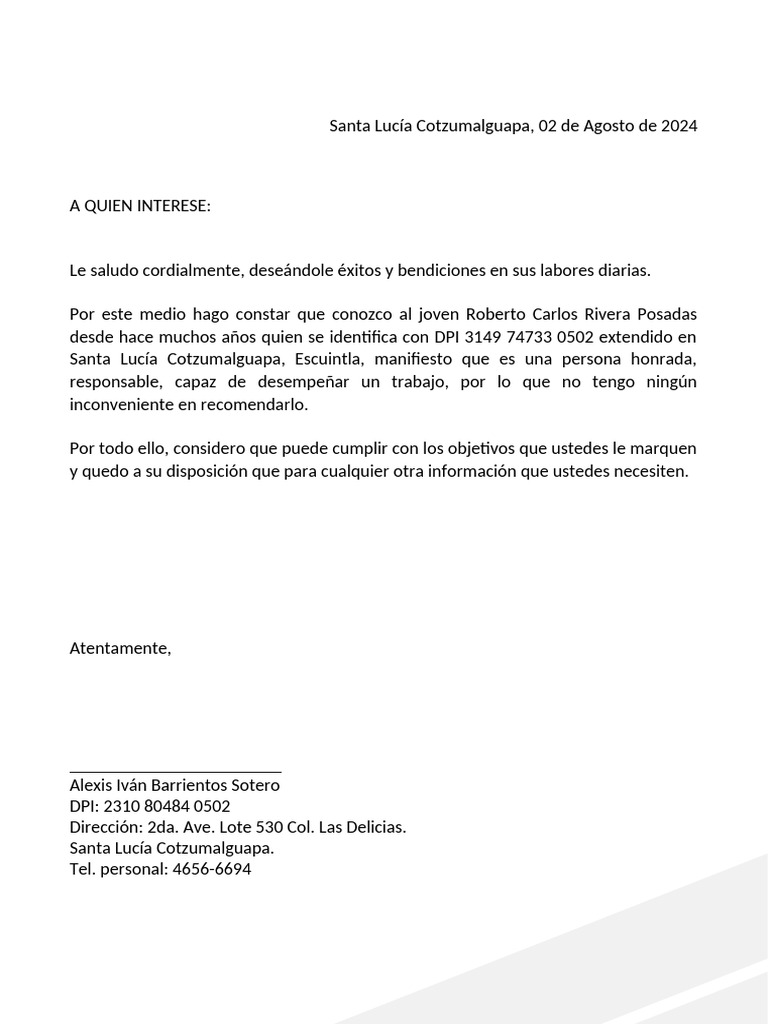 Carta de Recomendación Alexis | PDF