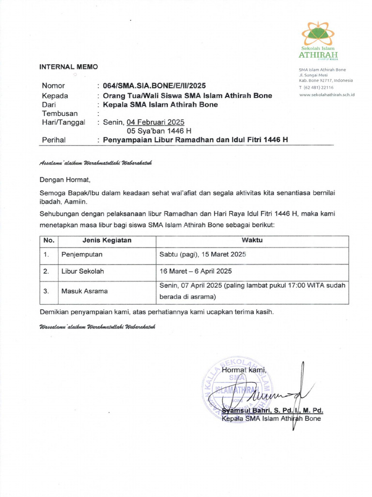 Penyampaian LIbur Ramadhan Dan Idul Fitri 1446 H - SMA Islam Athirah ...