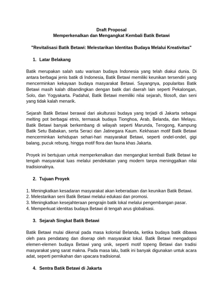 Draft Proposal Memperkenalkan Dan Mengangkat Kembali Batik Betawi | PDF