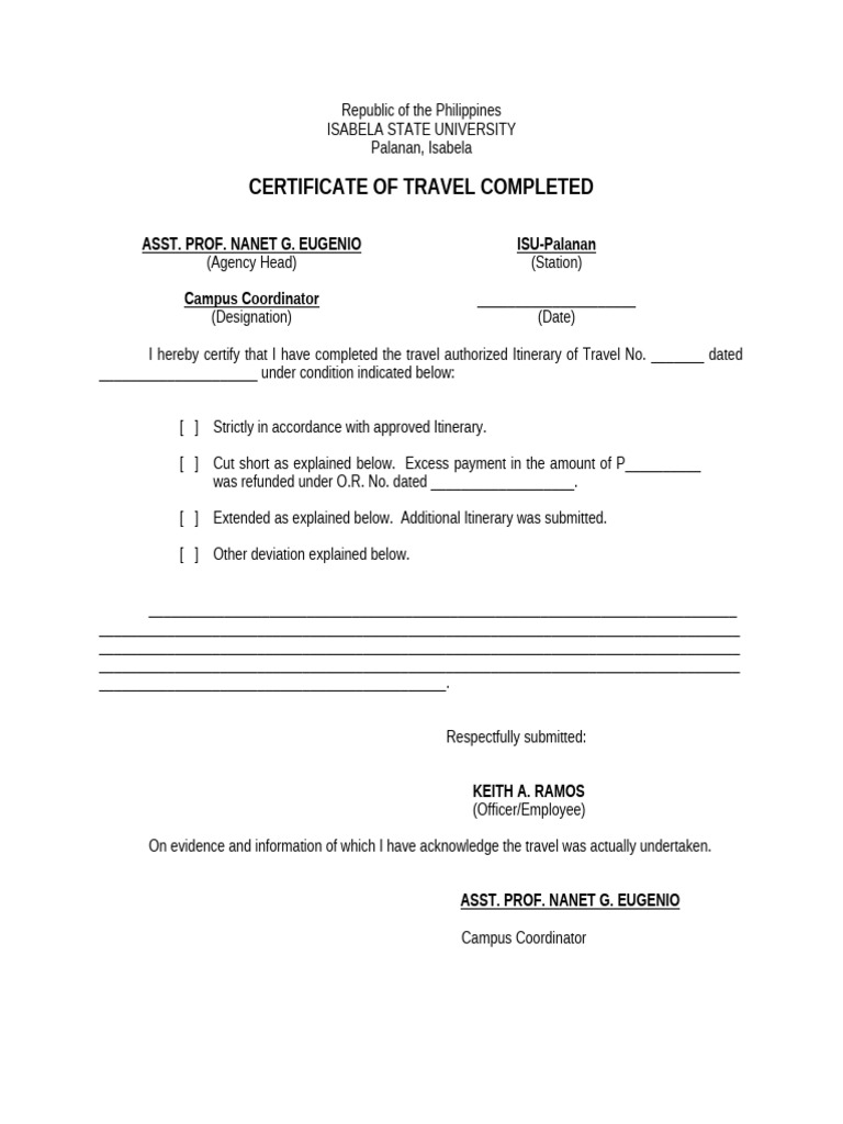 Travel Completion Certificate Template | PDF
