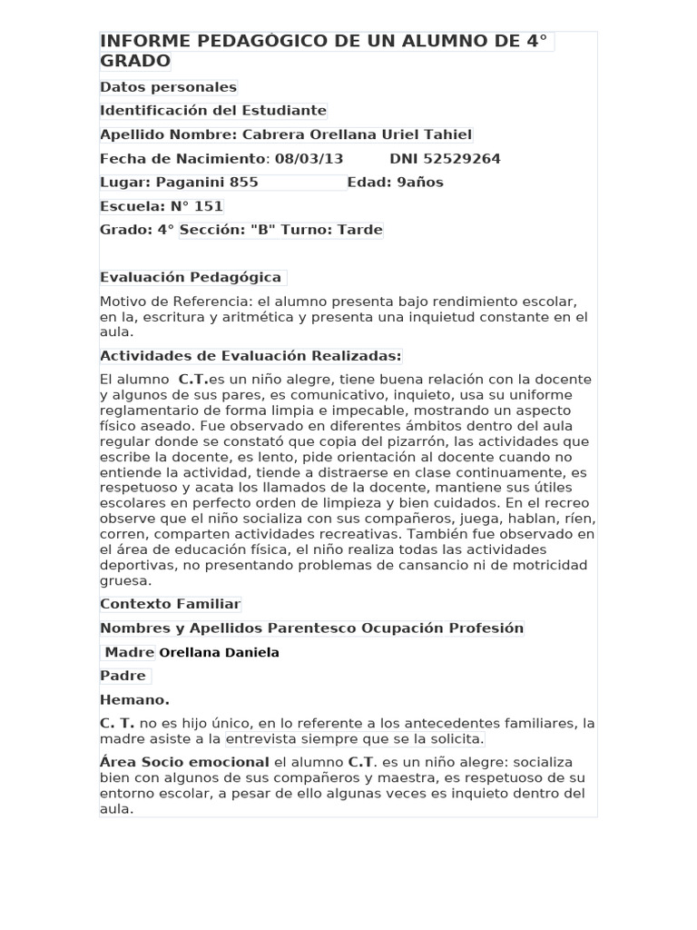 INFORME PEDAGÓGICO DE UN ALUMNO DE 4 tahiel | PDF | Maestros ...