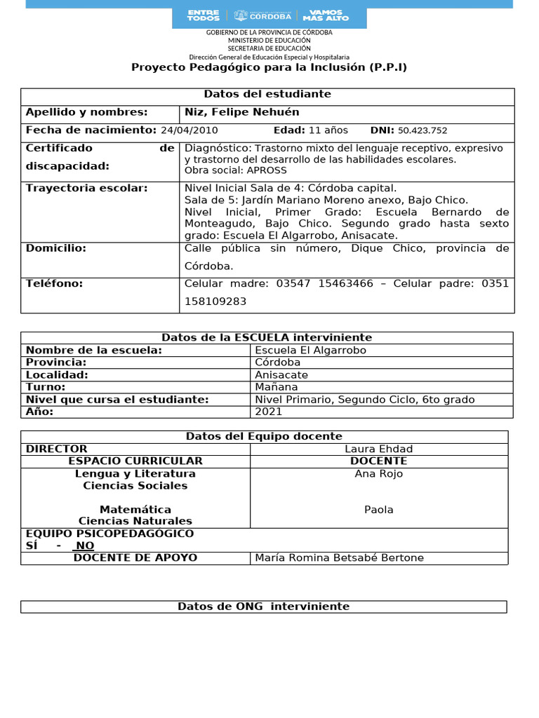 Proyecto Pedagógico para La Inclusión (PPI) 6to Grado Felipe Nehuén Niz. 2021 | PDF ...