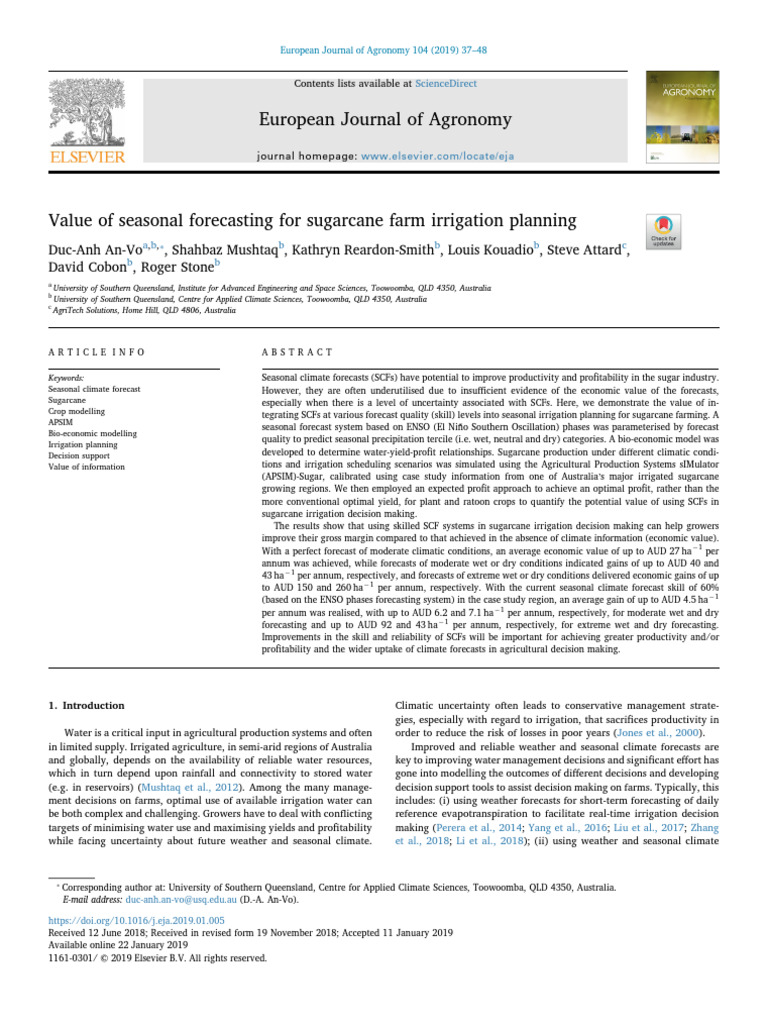 Value of Seasonal Forecasting For Sugarcane Farm Irrigation Planning | PDF | Forecasting | Sugarcane
