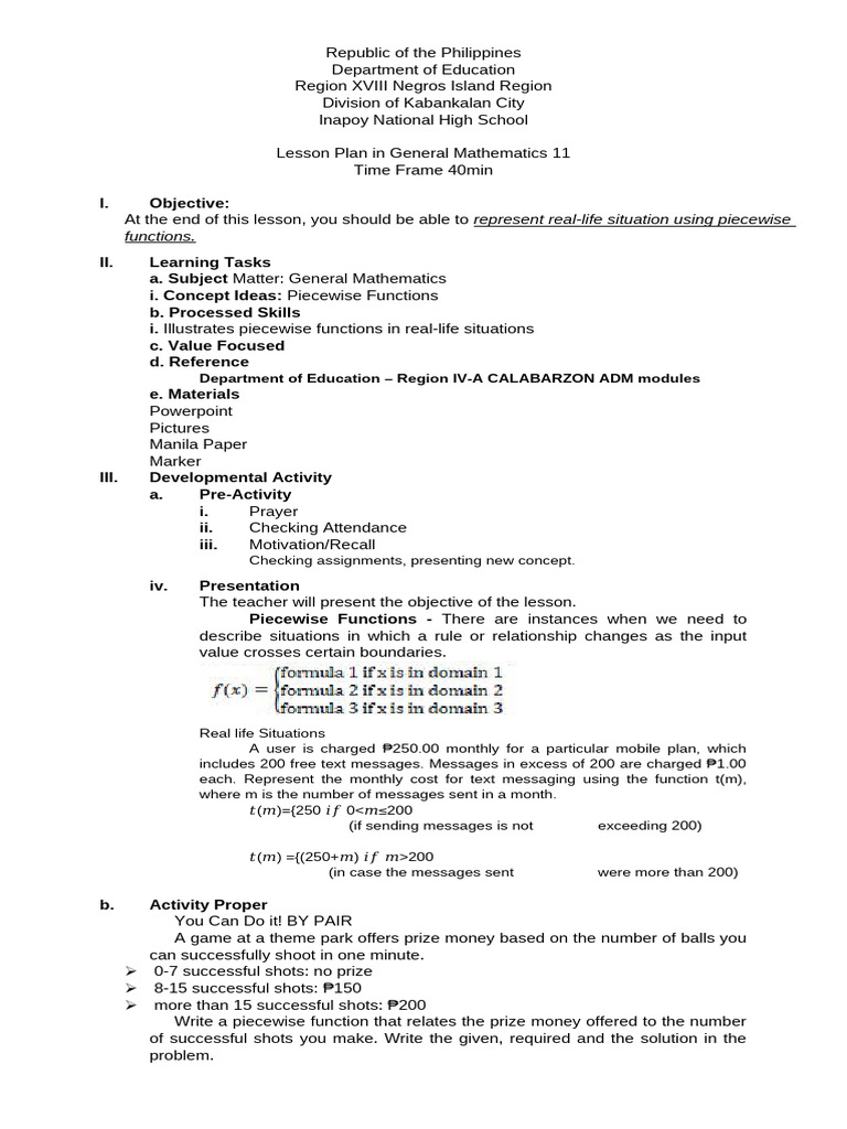 DLP 3. Piecewise Functions in Real-Life Situation | PDF | Function (Mathematics)