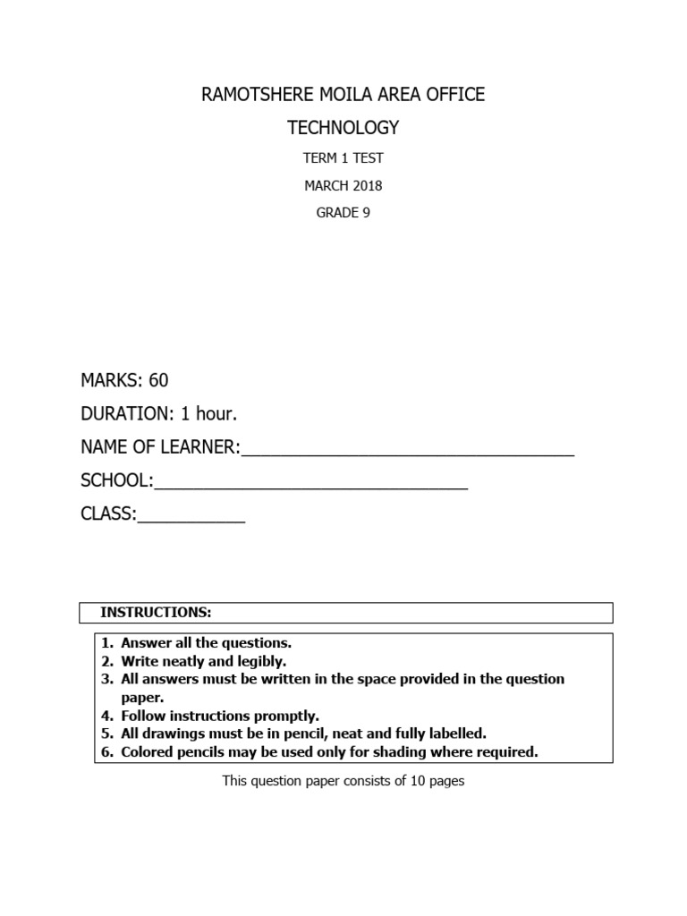 Technology Grade 9 Term 1 Test March 2018 Eng | PDF | Force