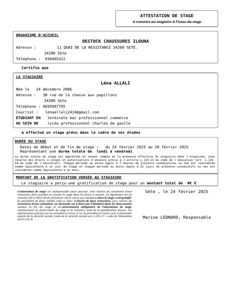 Attestation de Stage de Léna Allali | PDF