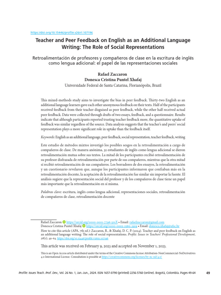Teacher and Peer Feedback on English as an Additio | PDF | English As A ...