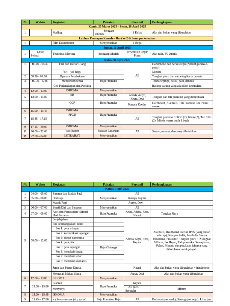 Contoh Jadwal Agenda Kegiatan Perkemahan | PDF