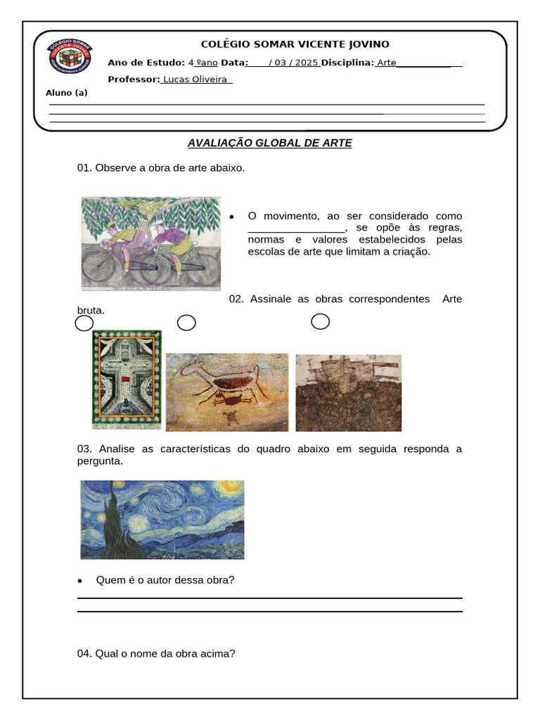 Avaliação de Arte para 4º Ano | PDF