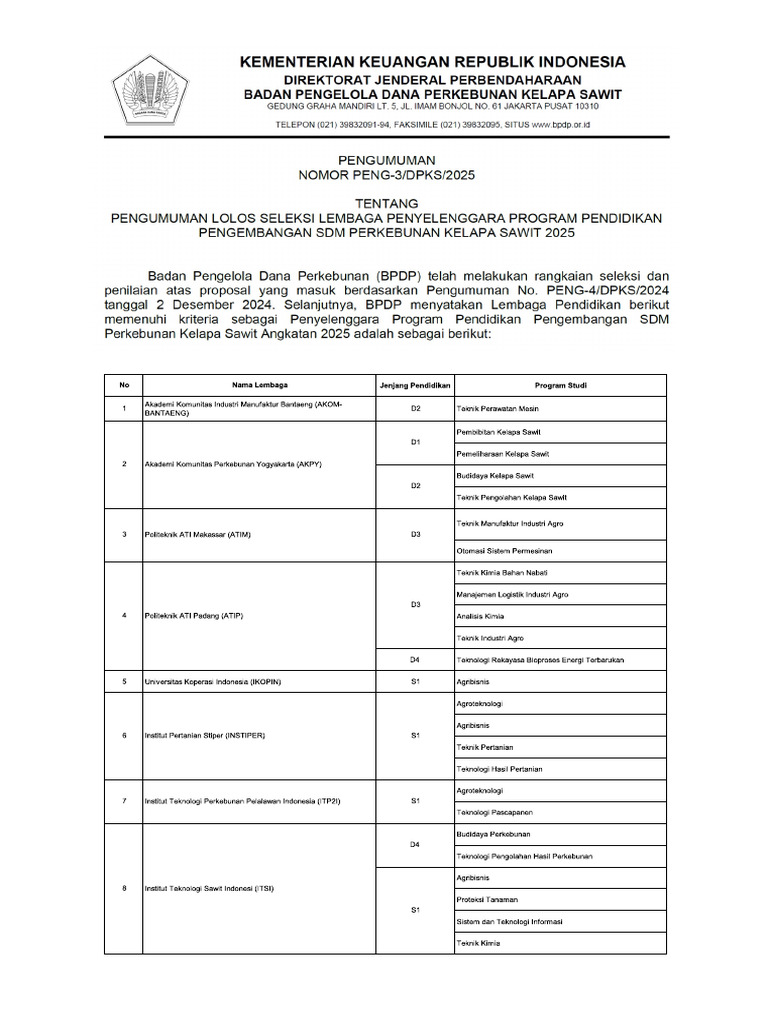 Pengumuman Lolos Seleksi Lembaga Penyelenggara Program Pendidikan Pengembangan Sdm Perkebunan ...