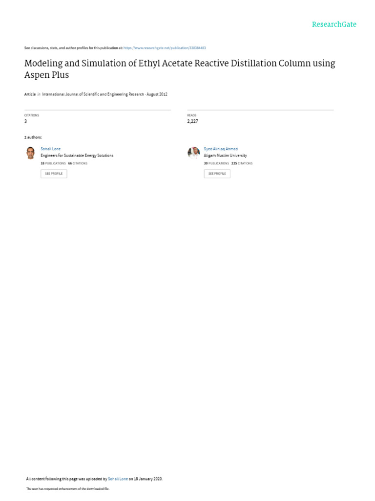 Modeling and Simulation of Ethyl Acetate Reactive Distillation Column Using Aspen Plus | PDF ...
