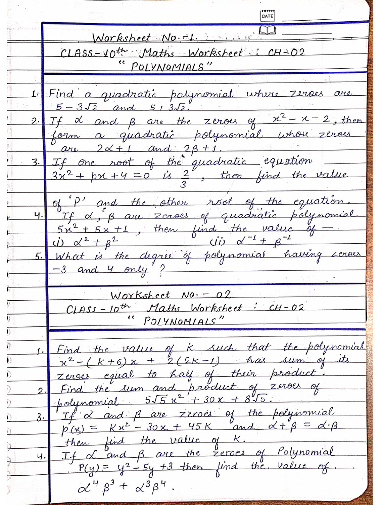 Class 10th Maths POLYNOMIALS Worksheets | PDF