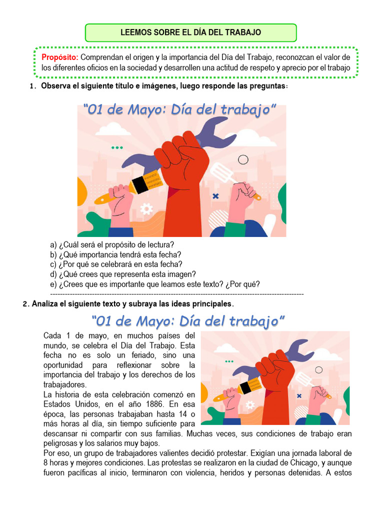 FICHA-FECHA CIVICA- LEEMOS SOBRE EL DÍA DEL TRABAJO | PDF