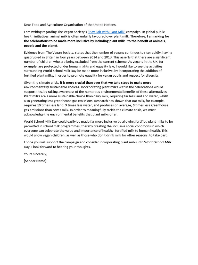 World School Milk Day Template Letter (UN FAO) | PDF