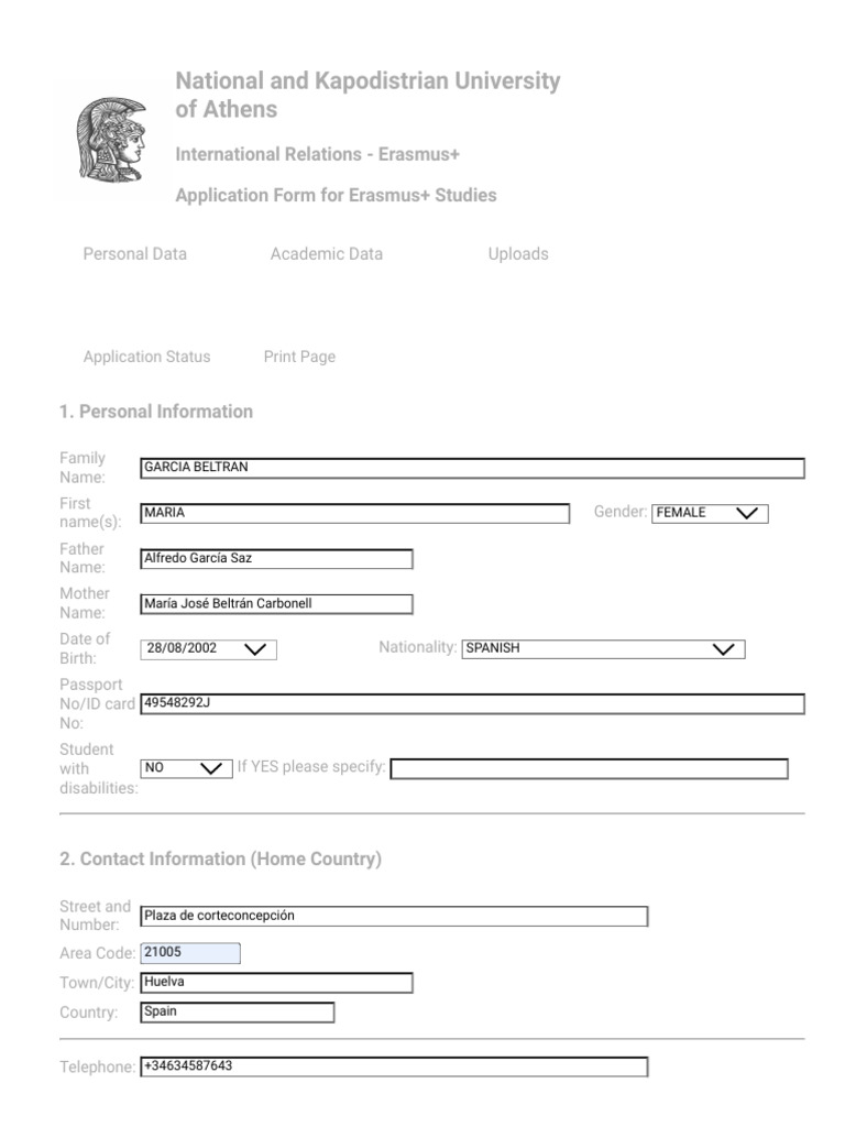 Application Form of Incoming Student For Erasmus+ Studies | PDF