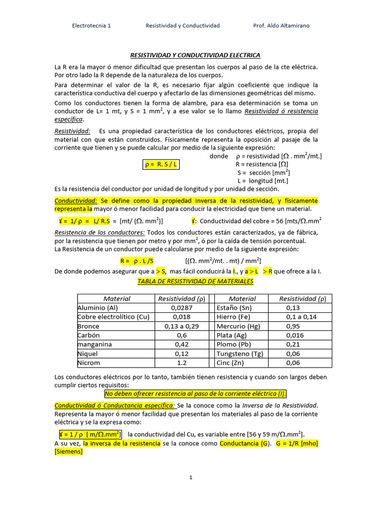 Resistividad y Conductividad 2024 | PDF | Resistividad Eléctrica y ...