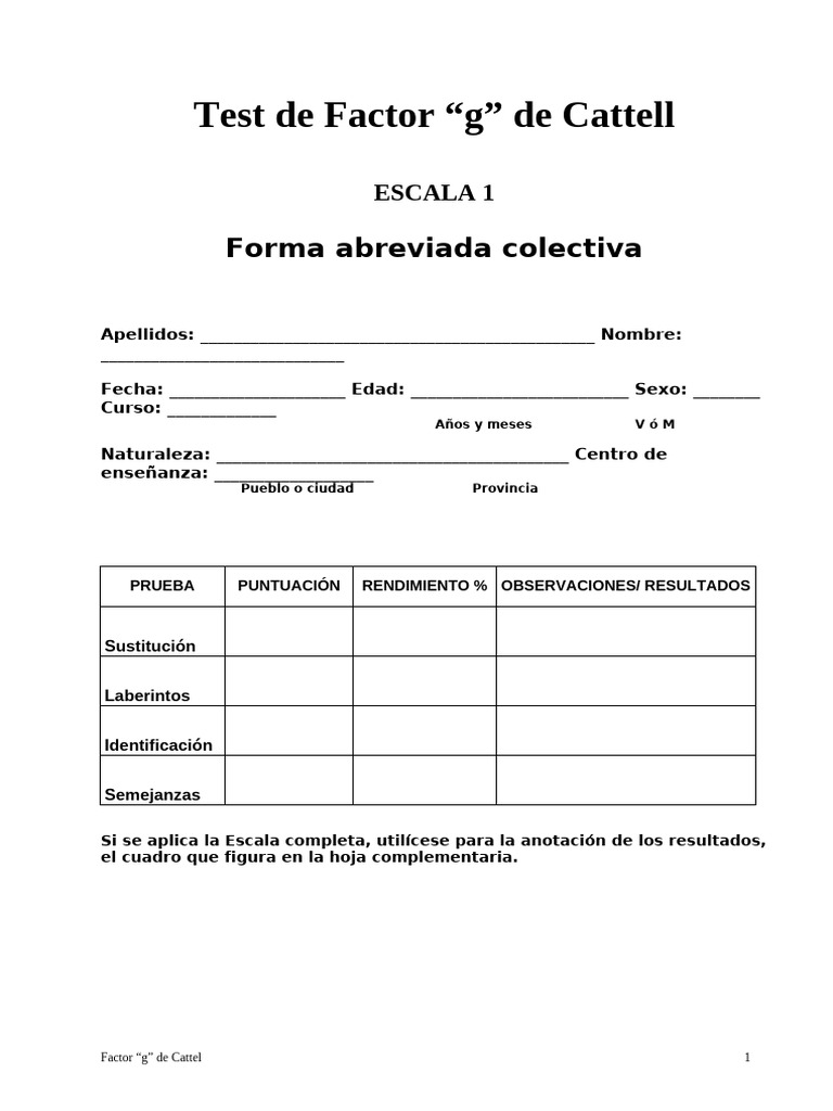 Test de Factor g de Cattell - Escala 1 | PDF