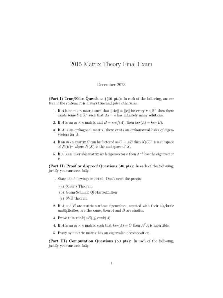 Matrix Theory Final 2015 KOR | PDF