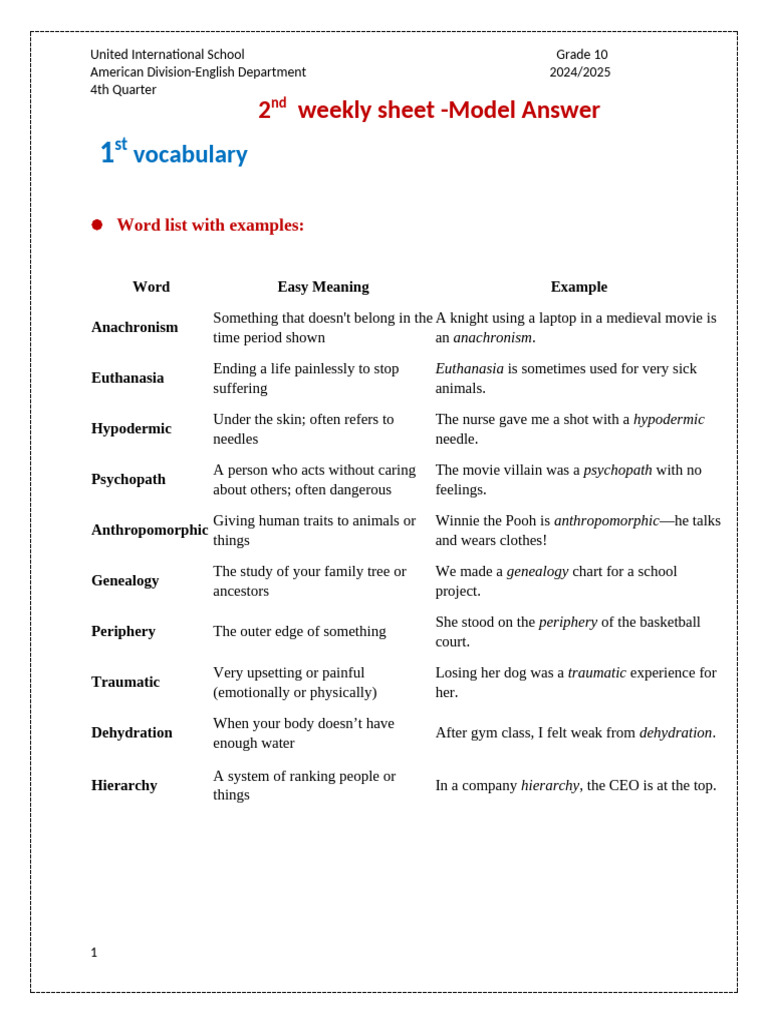 4th Q Weekly Sheet 2 - Model Answer | PDF | Grammatical Tense ...