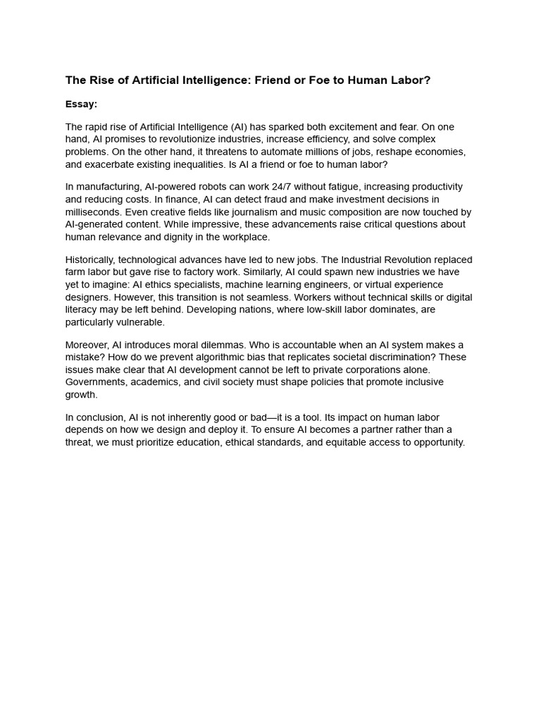 AI's Impact on Human Labor: Friend or Foe? | PDF