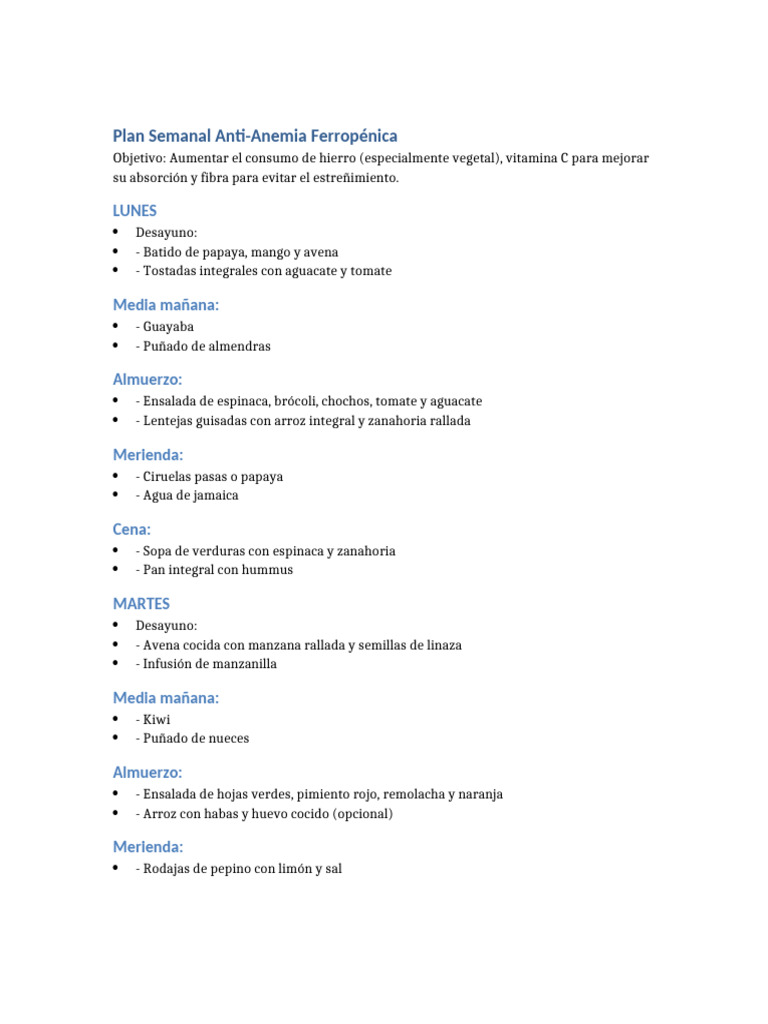 Menú Semanal para Combatir Anemia | PDF | ensalada | Almuerzo