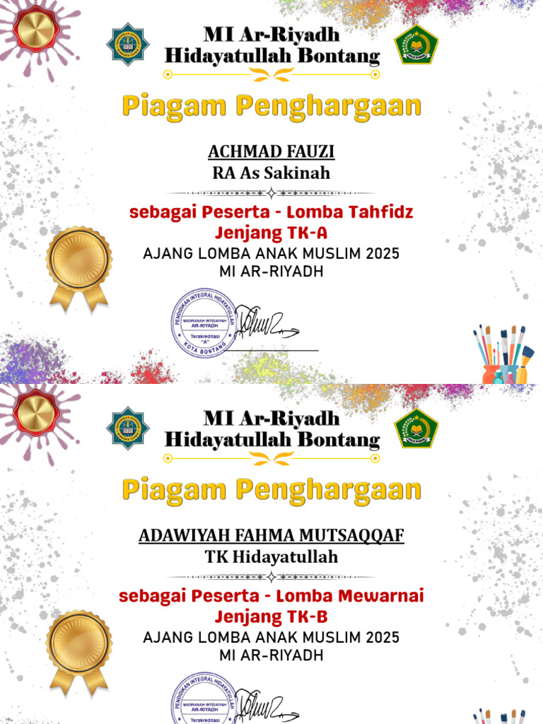 Piagam Lomba Anak Muslim - Peserta | PDF