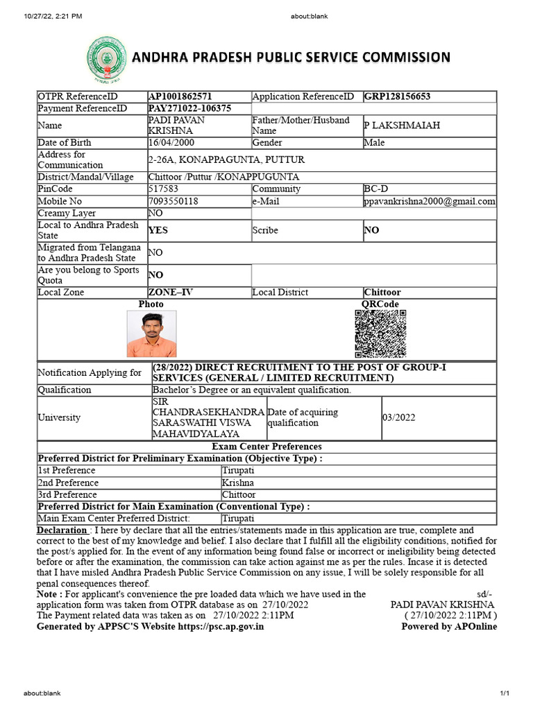 APPSC Group-I Application Details | PDF